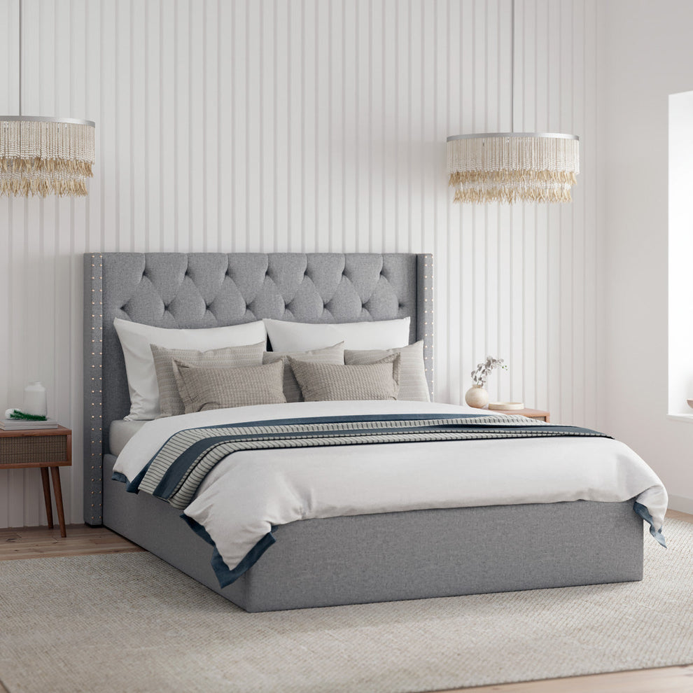 Leonora Gas Lift Storage Wing Bed Frame with Studs (Grey Fabric ...