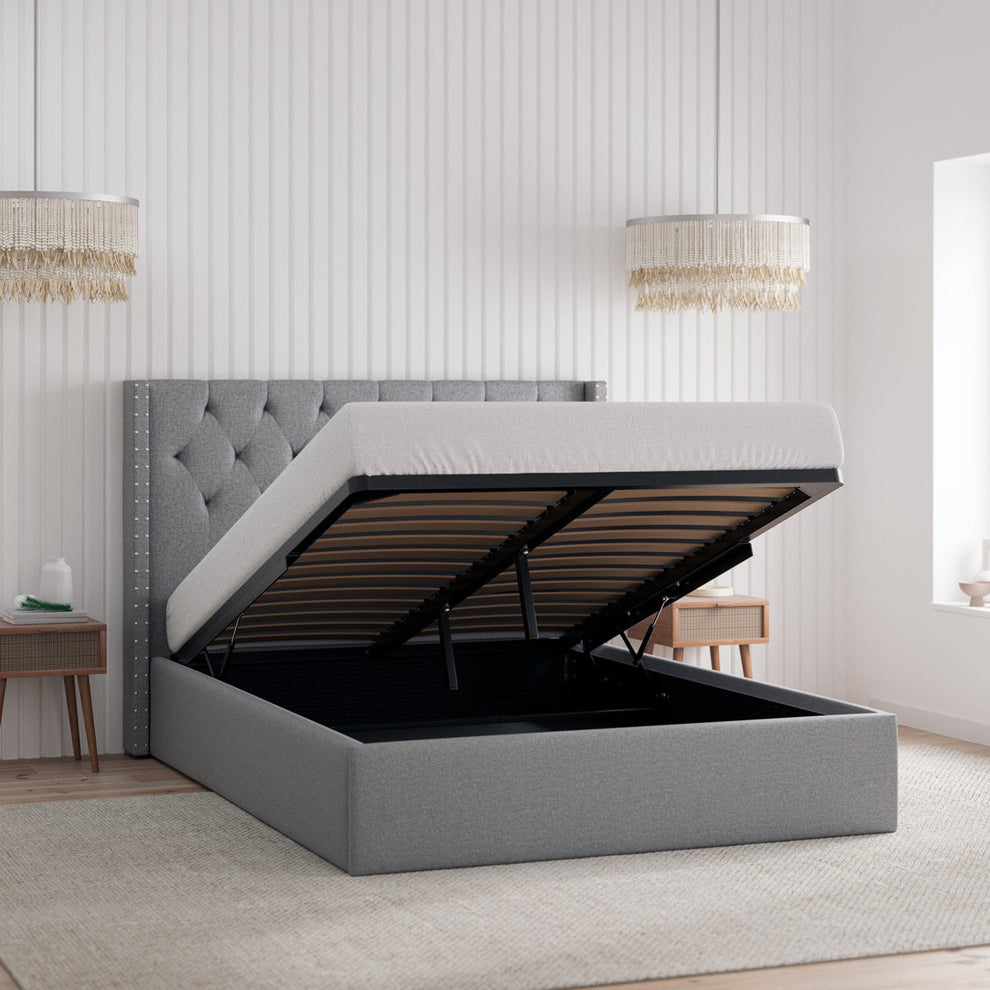 Leonora Gas Lift Storage Wing Bed Frame with Studs (Grey Fabric ...