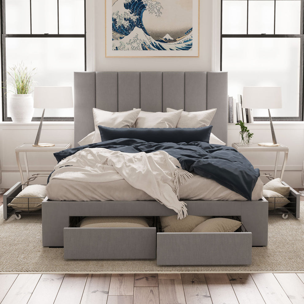 Celine Bed Frame with Four Storage Drawers (Grey Fabric) – Tommy Swiss