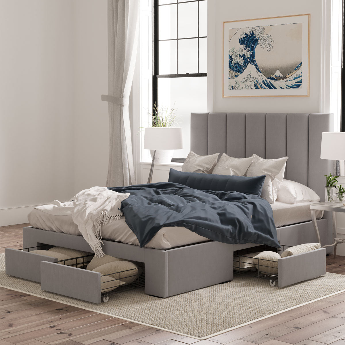 Celine Bed Frame with Four Storage Drawers (Grey Fabric) – Tommy Swiss
