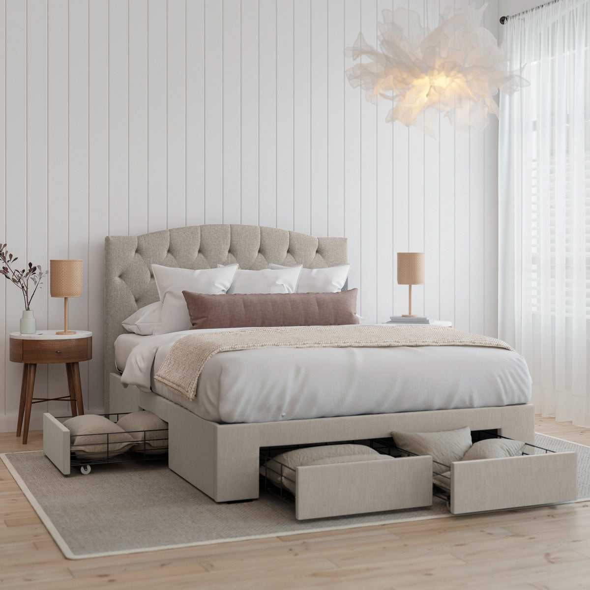Charlotte Curved Bed Frame with Four Extra Large Storage Drawers (Natu ...